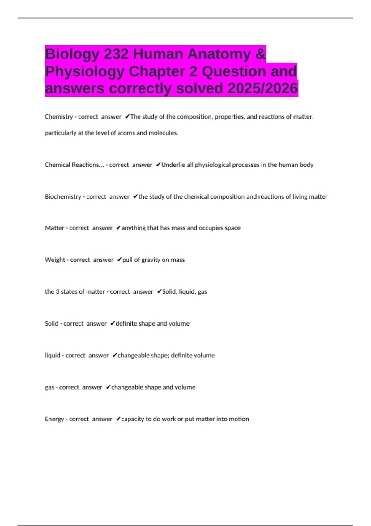 Biology 232 Human Anatomy & Physiology Chapter 2 Question and answers ...