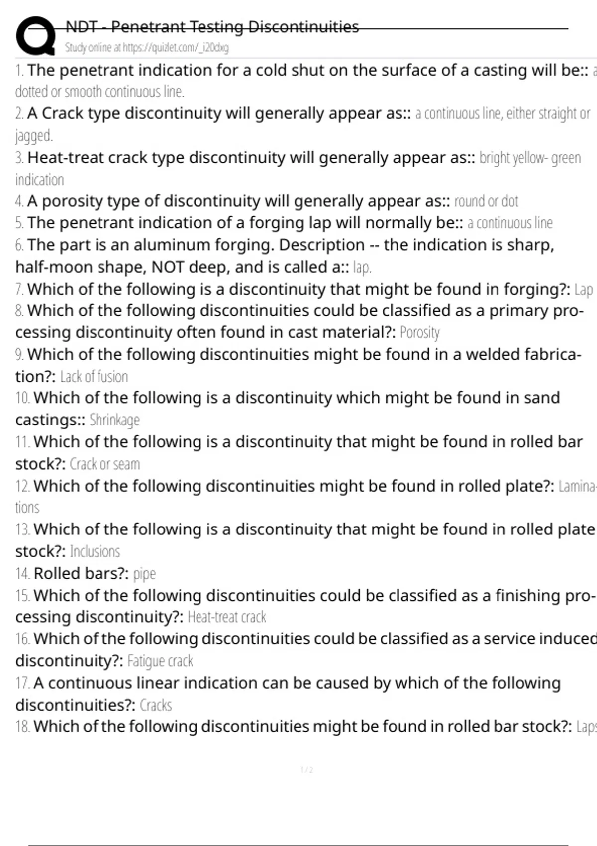 NDT - Penetrant Testing Discontinuities Exam Questions and Answers 100% ...