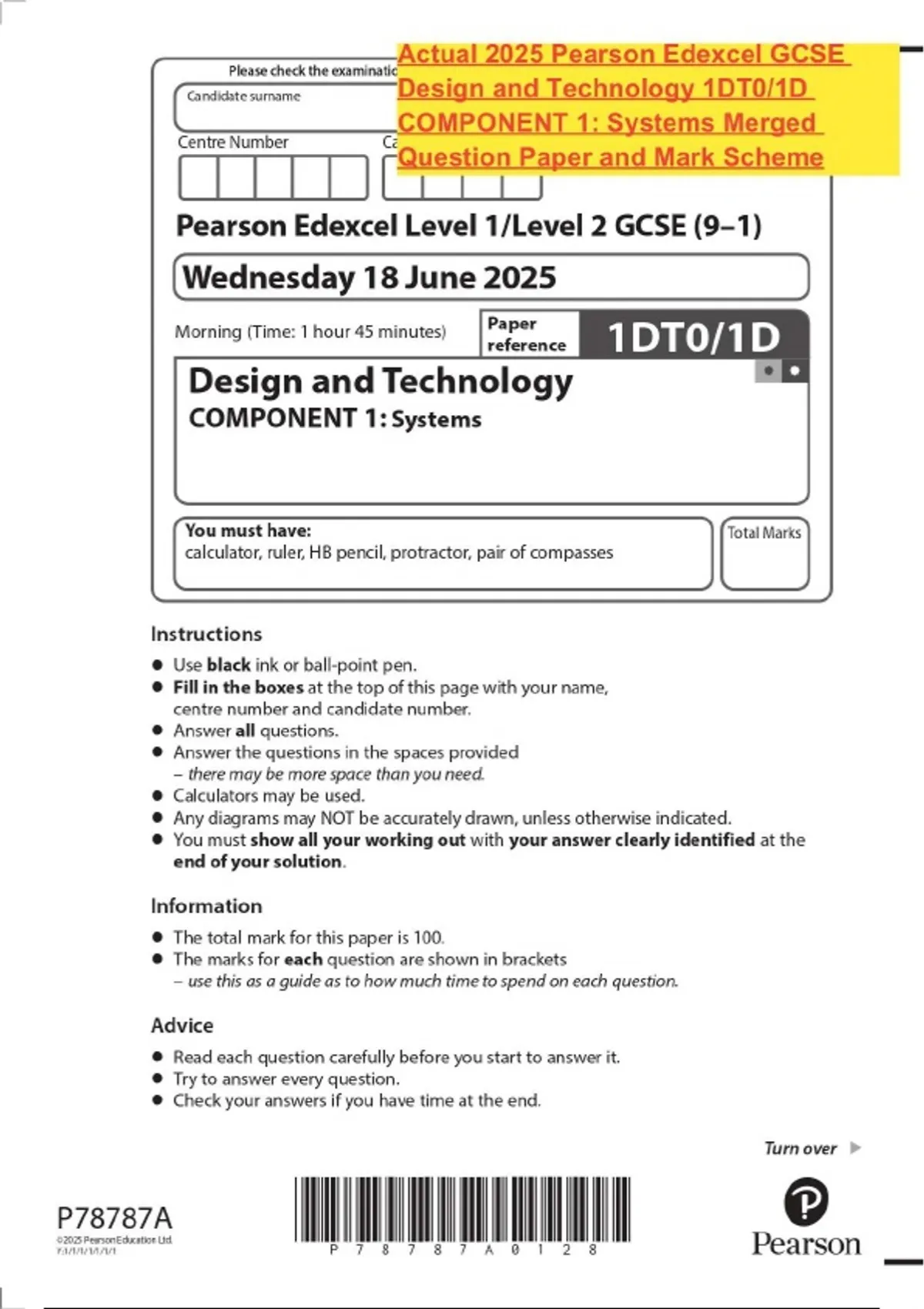 Actual 2025 Pearson Edexcel GCSE Design and Technology 1DT0/1D ...