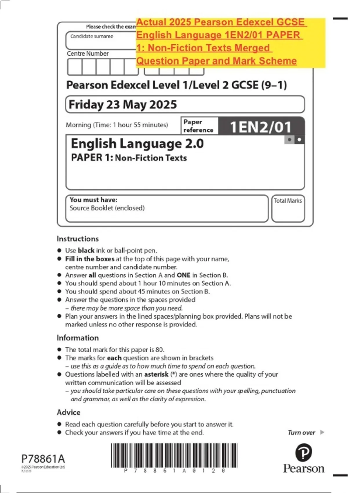 Actual 2025 Pearson Edexcel GCSE English Language 1EN2/01 PAPER 1: Non ...