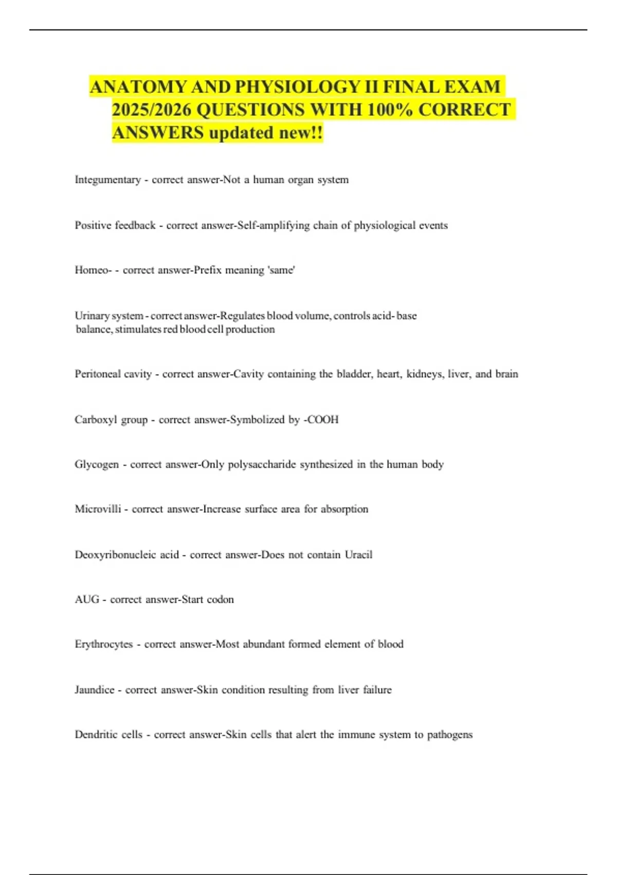 ANATOMY AND PHYSIOLOGY II FINAL EXAM 2025/2026 QUESTIONS WITH 100% ...