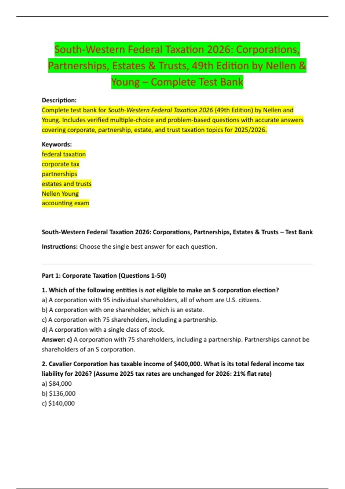 South-Western Federal Taxation 2026: Corporations, Partnerships ...