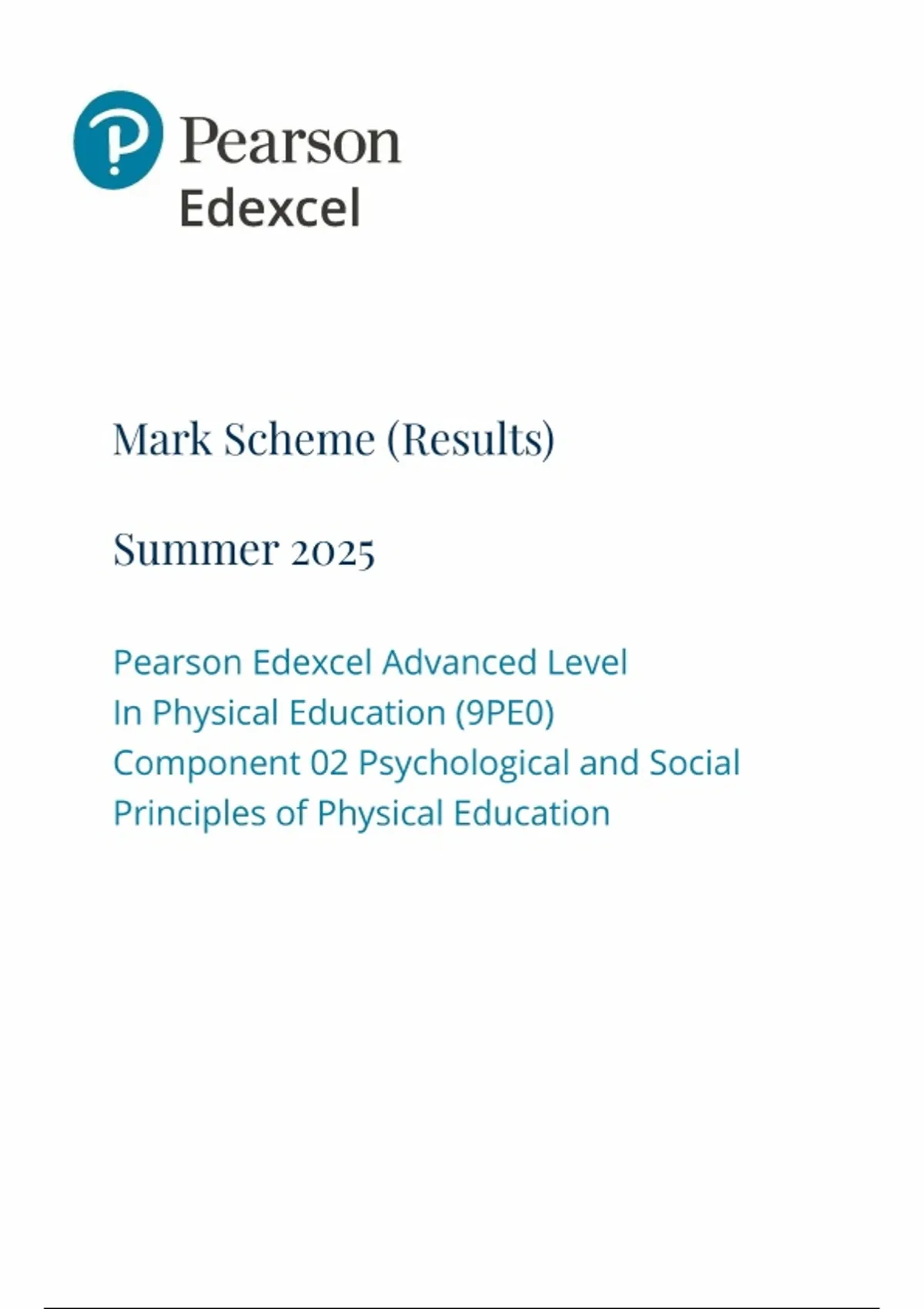 PEARSON EDEXCEL A LEVEL PHYSICAL EDUCATION PAPER 2 QUESTION PAPER 2025 ...
