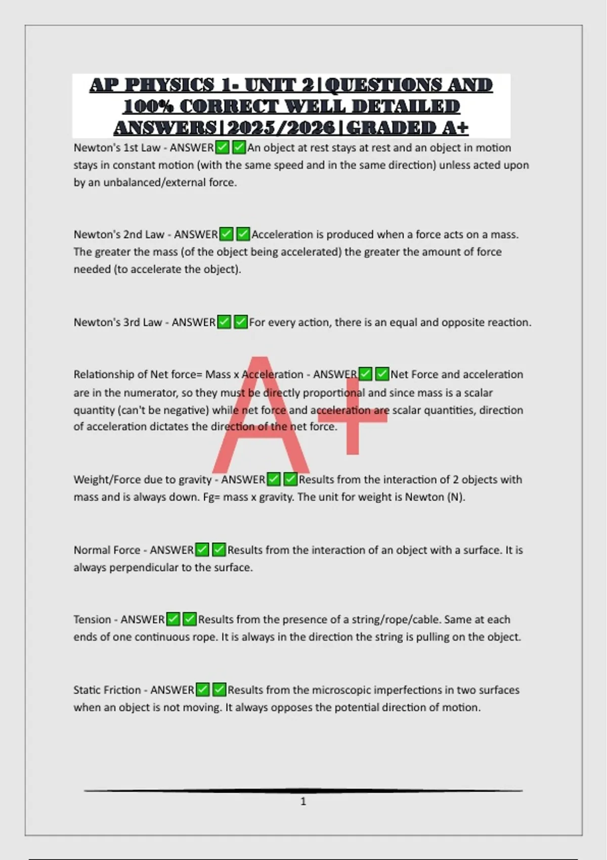 AP PHYSICS 1- UNIT 2|QUESTIONS AND 100% CORRECT WELL DETAILED ANSWERS ...