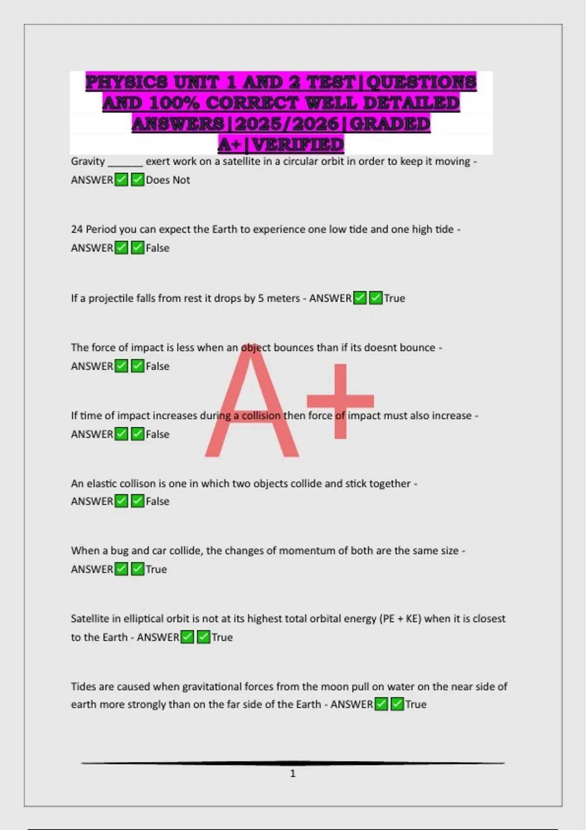 PHYSICS UNIT 1 AND 2 TEST|QUESTIONS AND 100% CORRECT WELL DETAILED ...