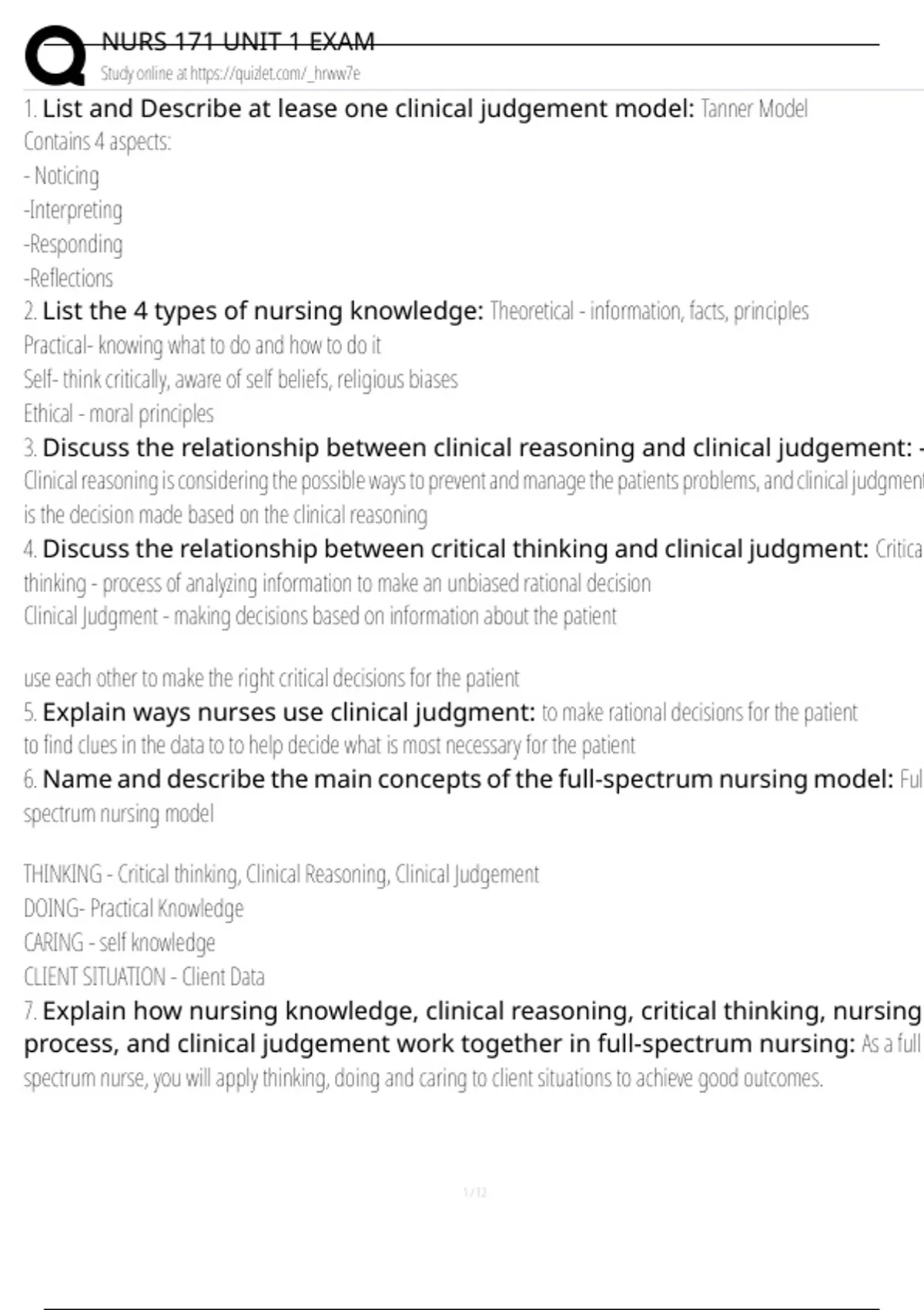 NURS 171 UNIT 1 EXAM Exam Questions and Answers 100% Pass |Verified ...