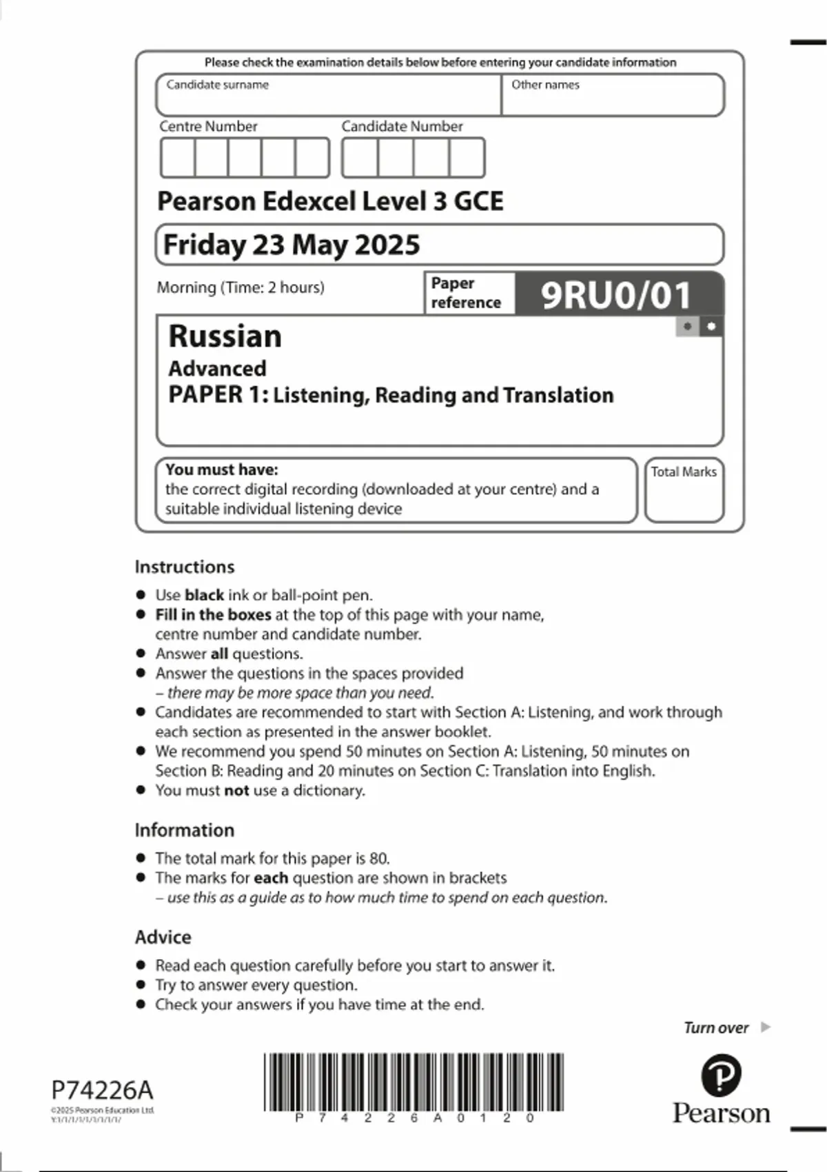 PEARSON EDEXCEL A LEVEL RUSSIAN PAPER 1 QUESTION PAPER 2025 (9RU0/01 ...