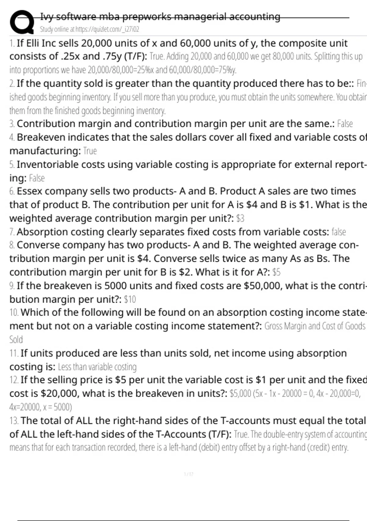 Ivy software mba prepworks managerial accounting Exam Questions and ...