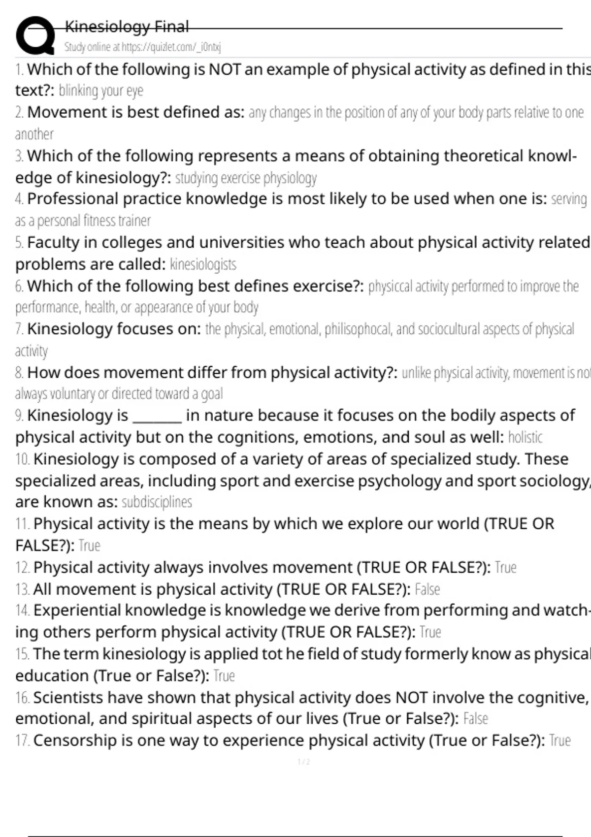 Kinesiology Final Exam Questions and Answers 100% Pass |Verified ...