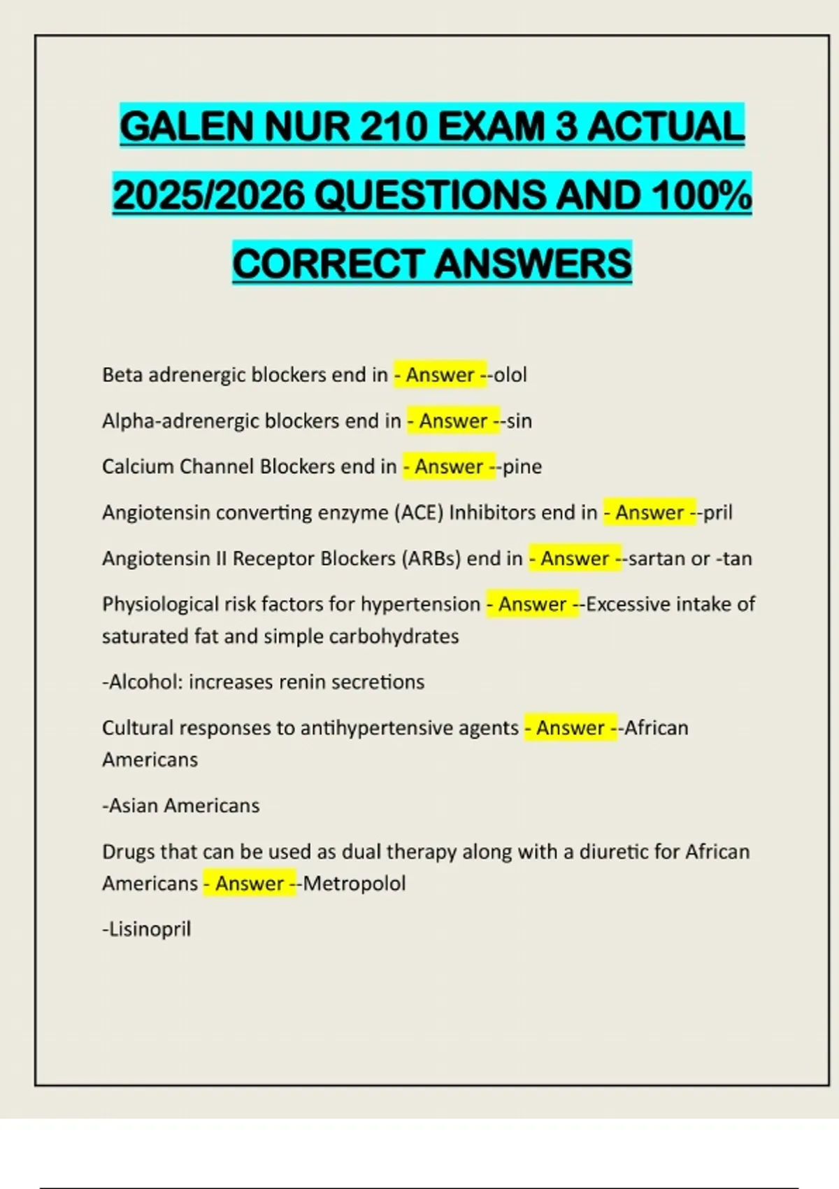 GALEN NUR 210 EXAM 3 ACTUAL 2025/2026 QUESTIONS AND 100% CORRECT ...