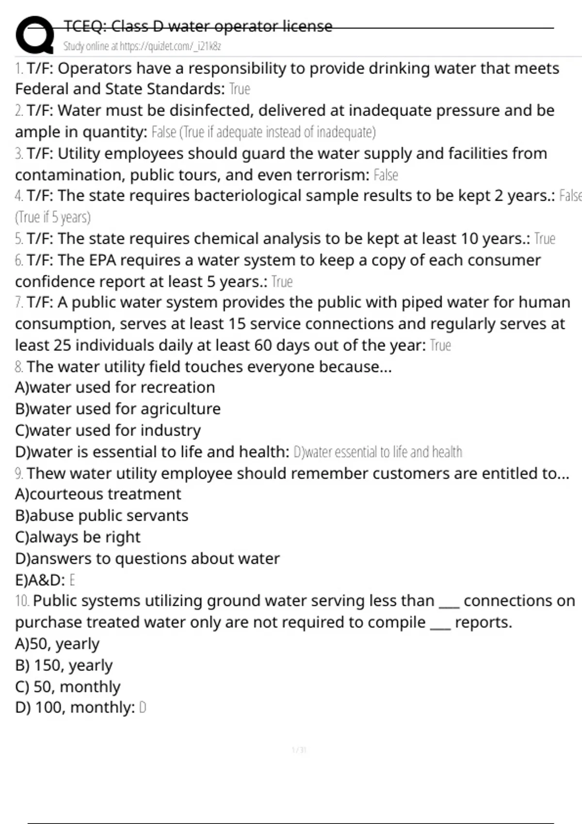TCEQ: Class D water operator license Exam Questions and Answers 100% ...