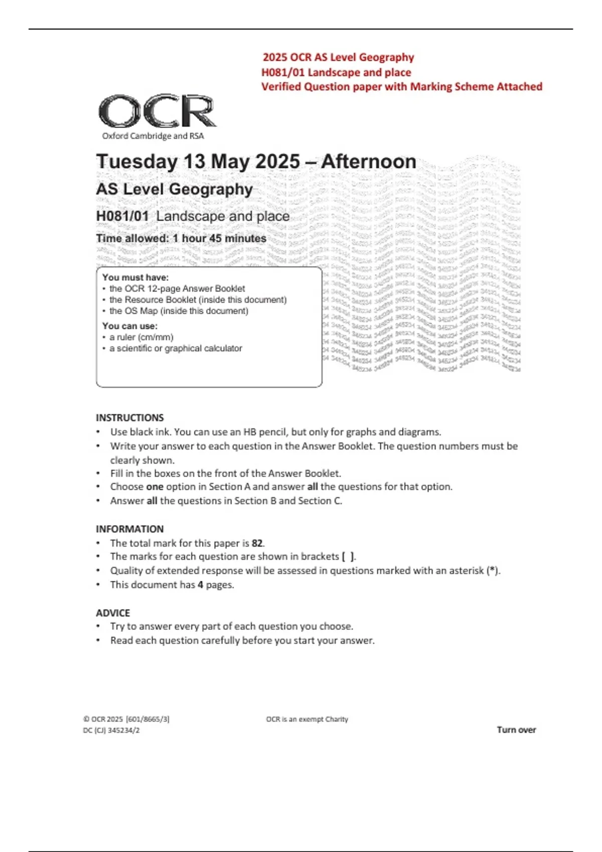2025 OCR AS Level Geography H081/01 Landscape and place Verified ...