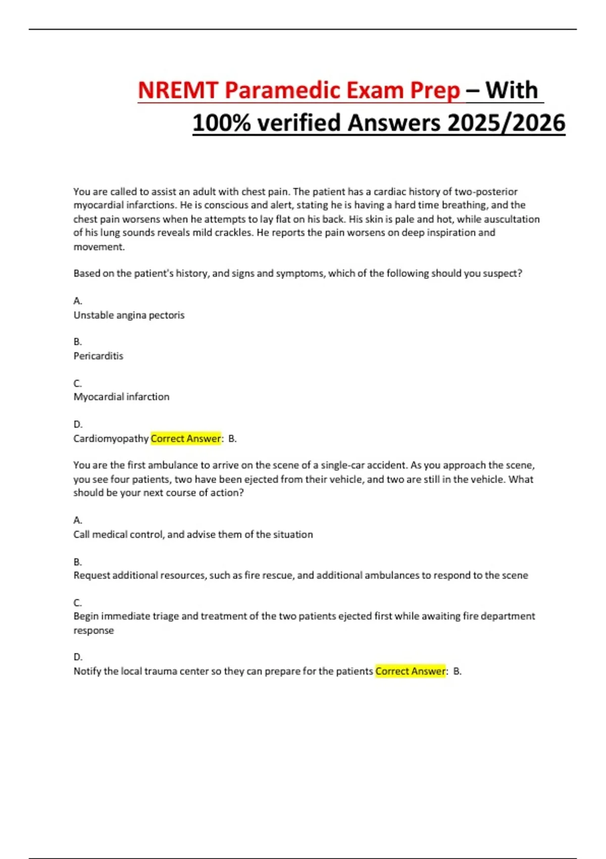 NREMT Paramedic Exam Prep – With 100% verified Answers 2025/2026 ...