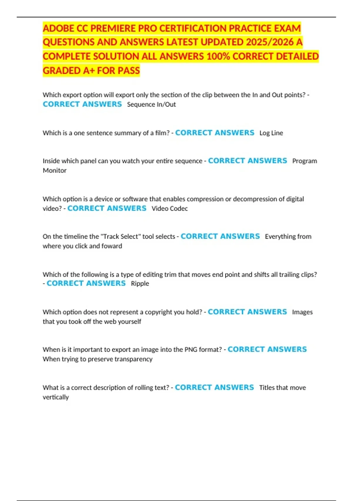ADOBE CC PREMIERE PRO CERTIFICATION PRACTICE EXAM QUESTIONS AND ANSWERS ...