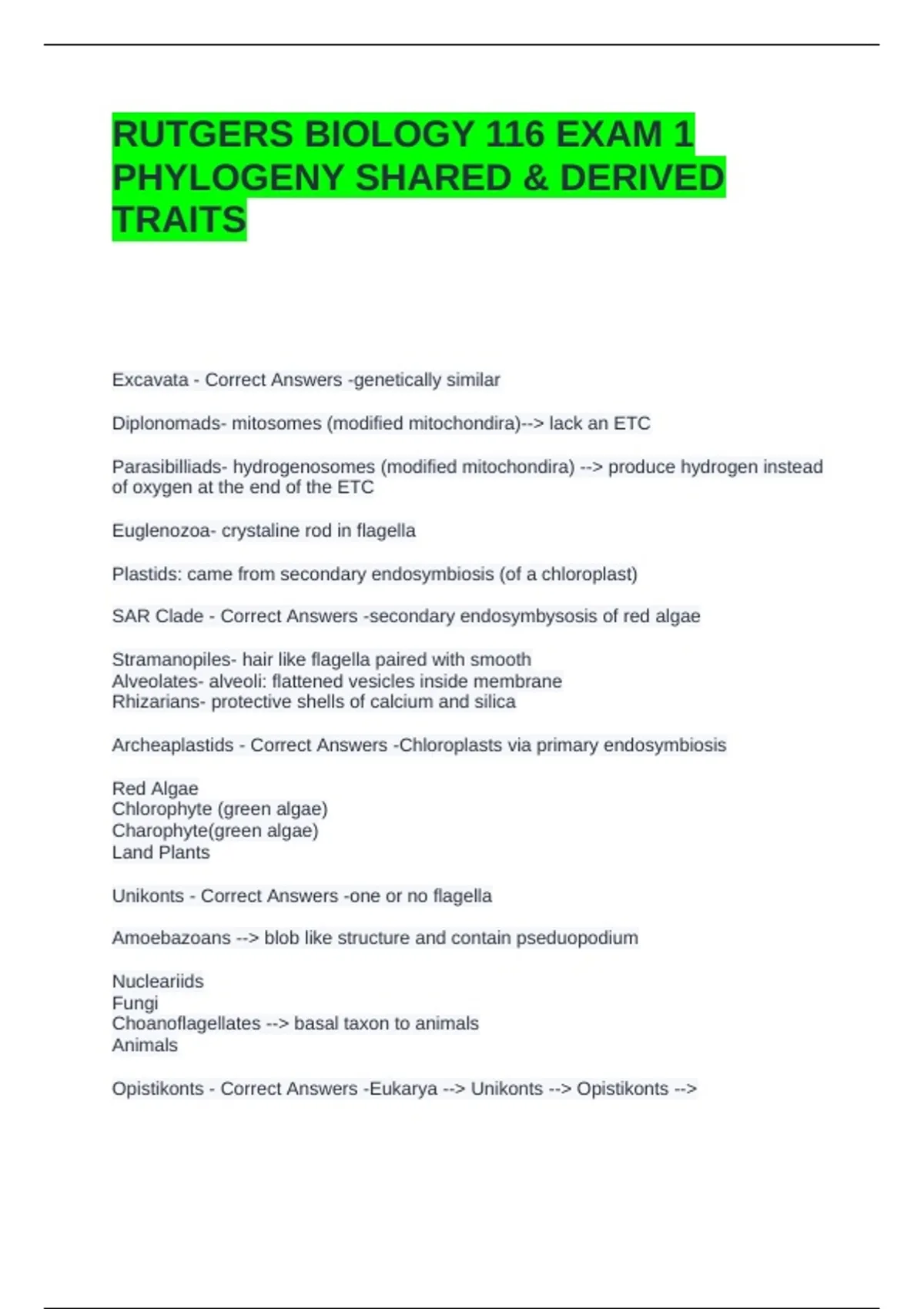 RUTGERS BIOLOGY 116 EXAM 1 PHYLOGENY SHARED & DERIVED TRAITS QUESTIONS ...