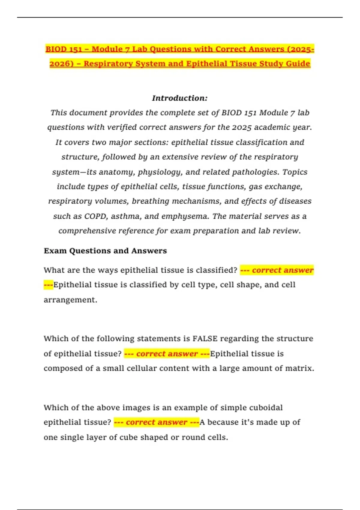 BIOD 151 – Module 7 Lab Questions with Correct Answers () – Respiratory ...