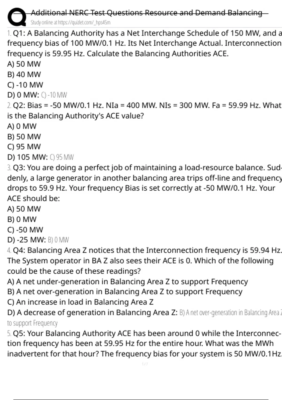 Additional NERC Test Questions Resource and Demand Balancing Exam ...