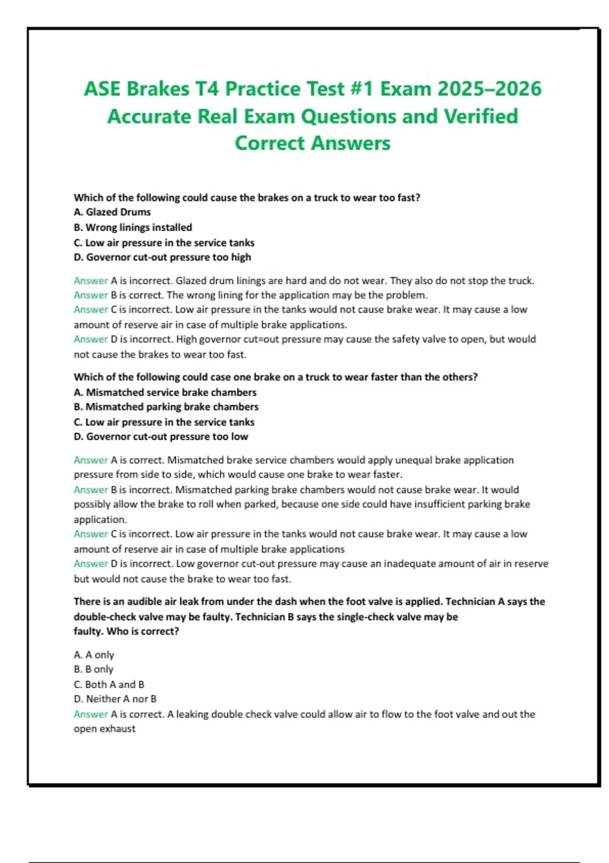 ASE Brakes T4 Practice Test #1 Exam 2025–2026 Accurate Real Exam ...