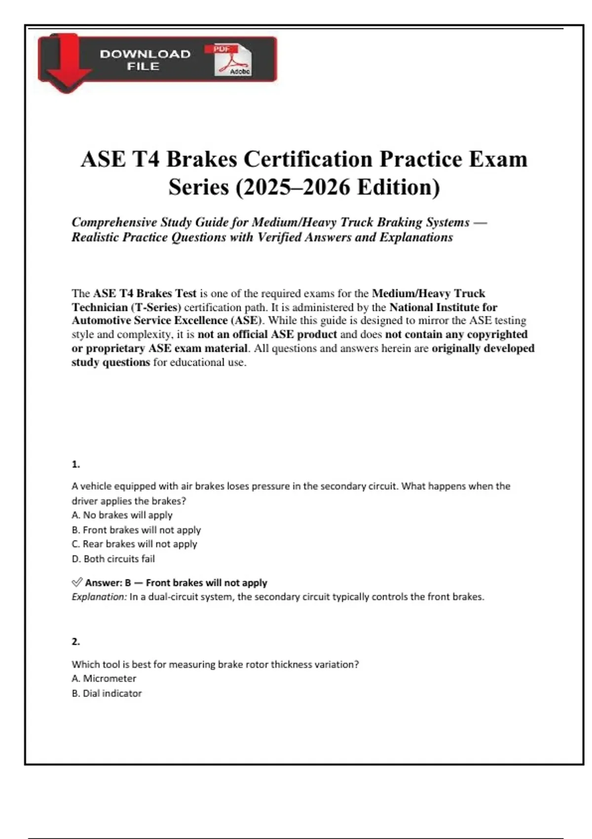 ASE T4 Brakes Certification Practice Exam Series (2025–2026 Edition ...