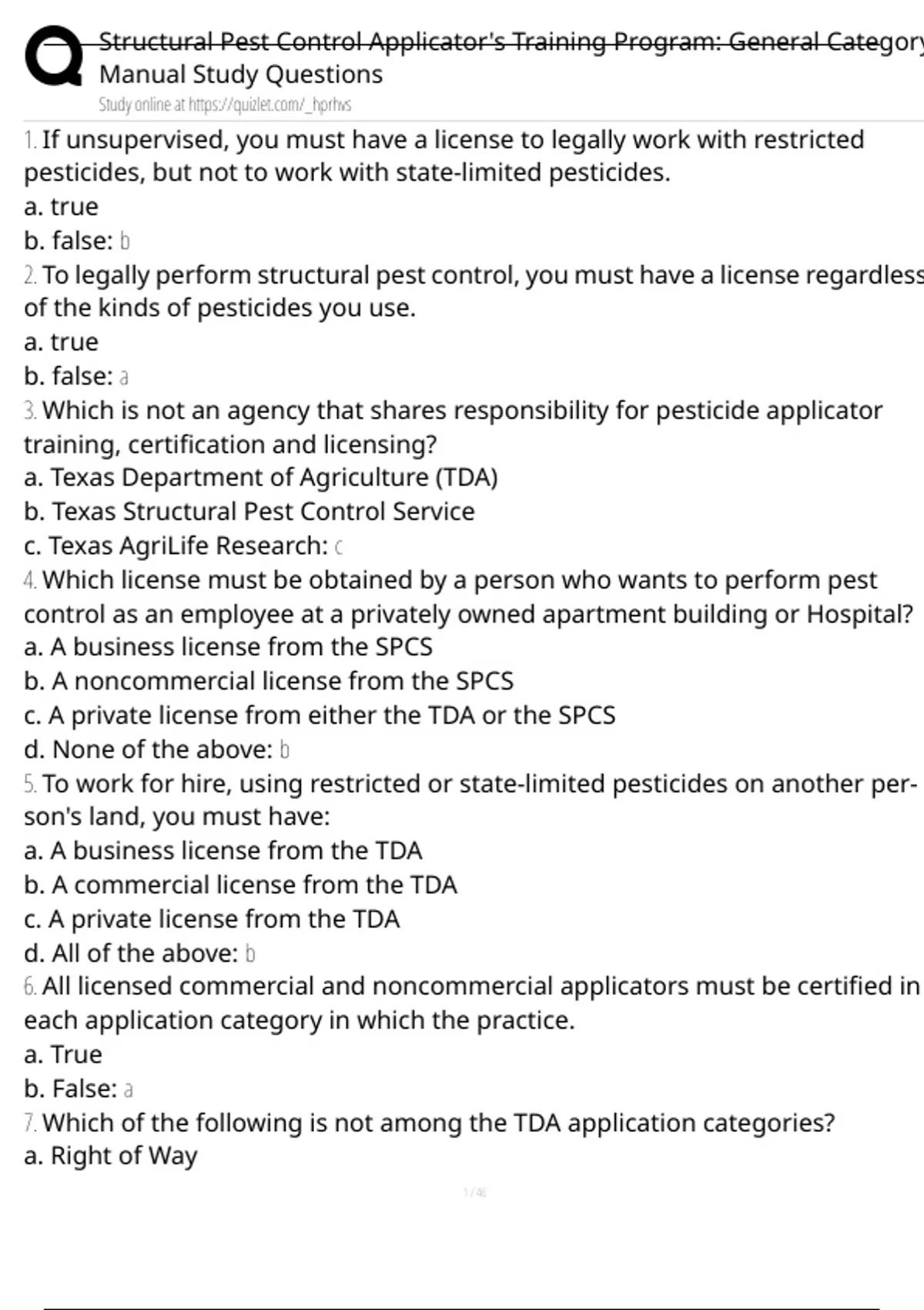 Structural Pest Control Applicator's Training Program: General Category Manual Study Questions ...
