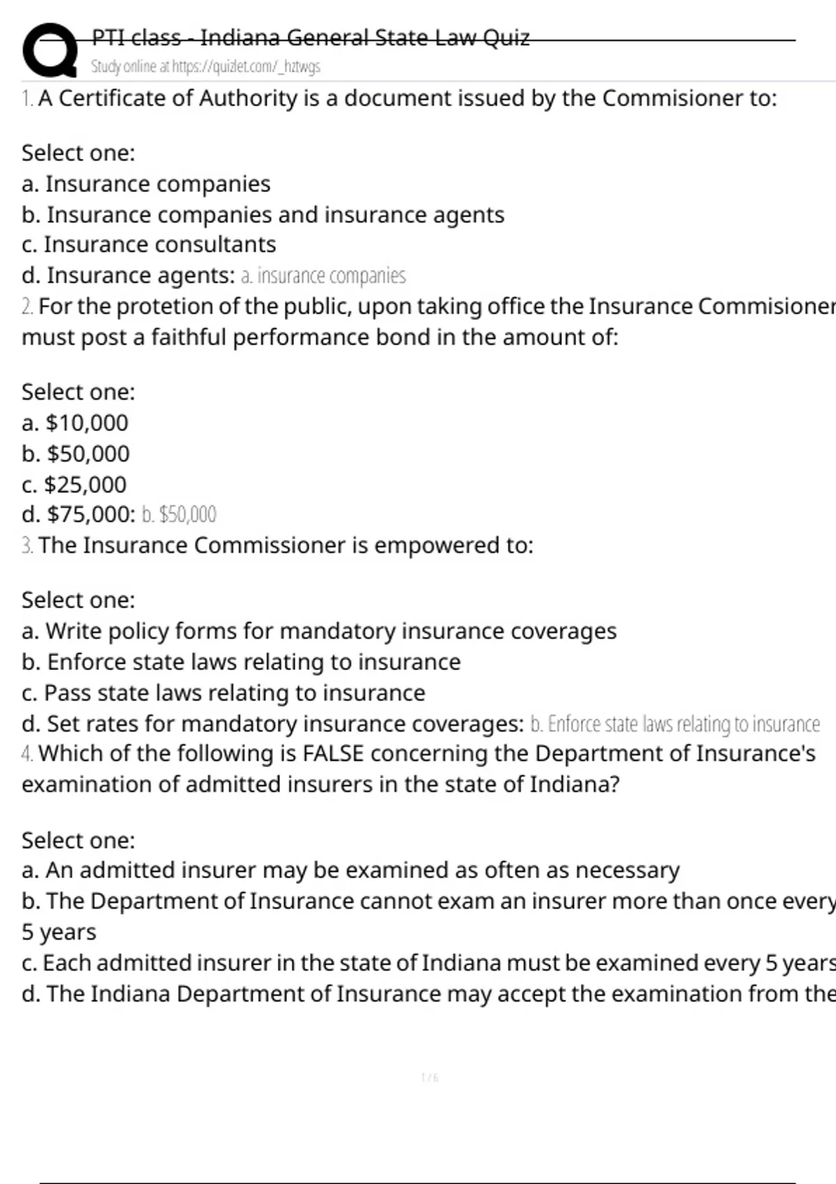 PTI class - Indiana General State Law Quiz Exam Questions and Answers ...