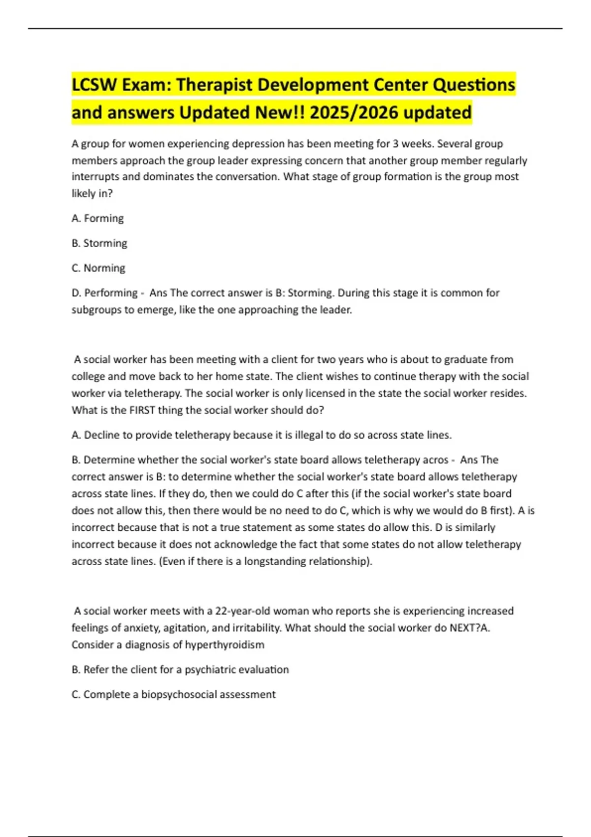 LCSW Exam: Therapist Development Center Questions and answers Updated ...