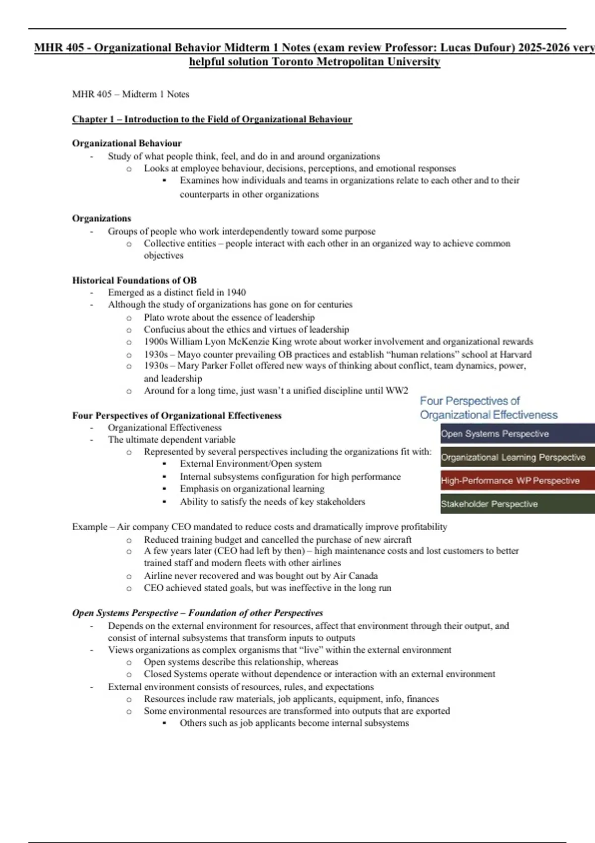 MHR 405 - Organizational Behavior Midterm 1 Notes (exam review ...