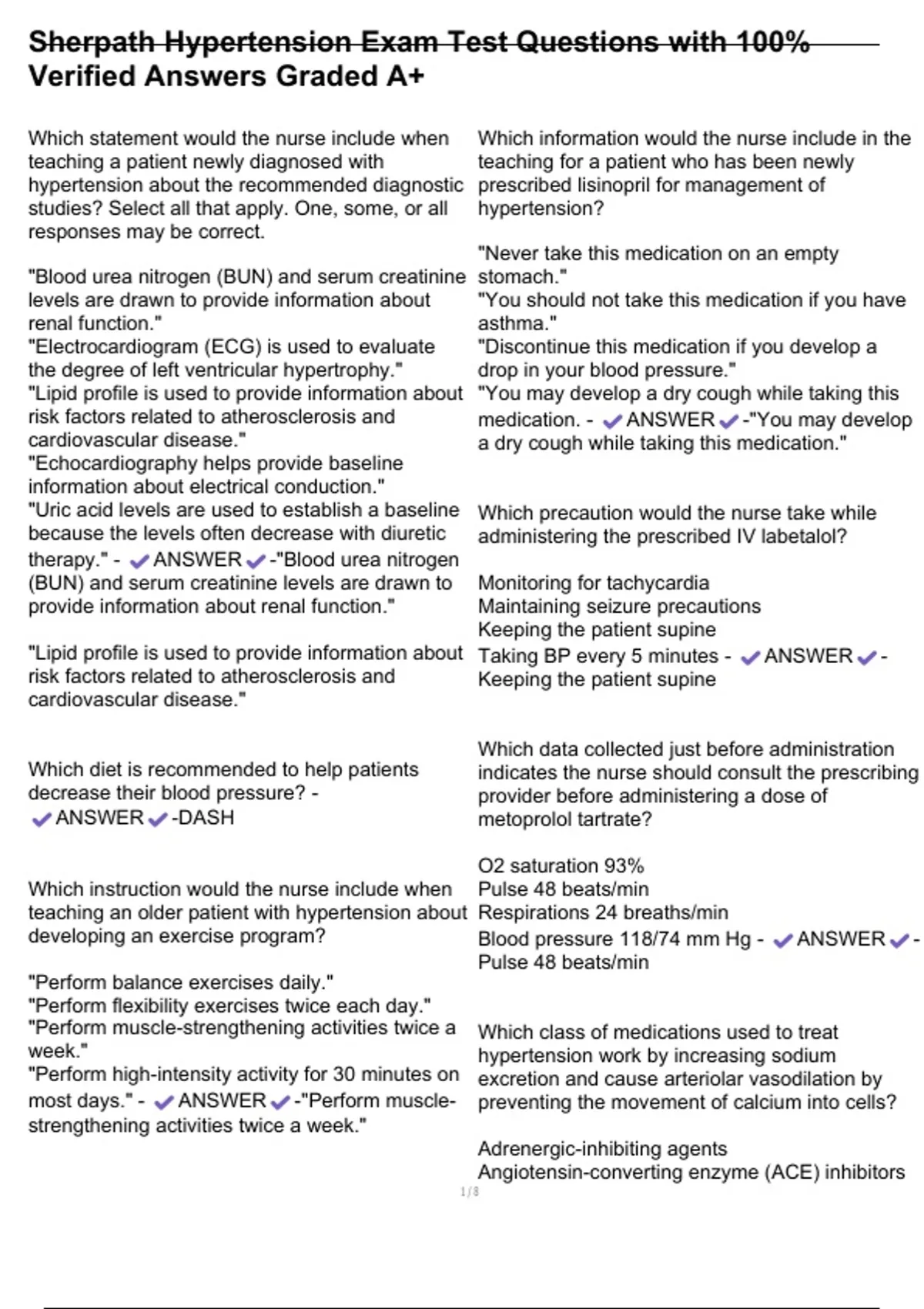 Sherpath Hypertension Exam Test Questions with 100% Verified Answers ...