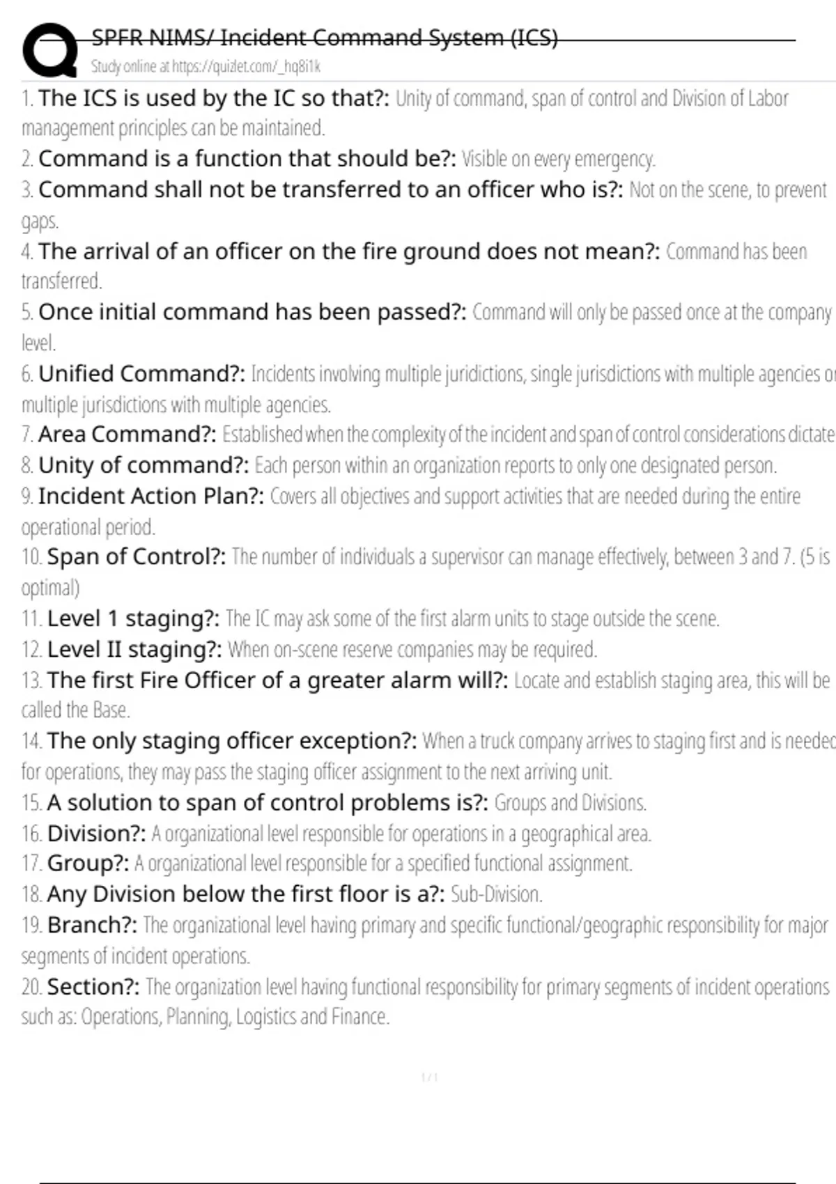 SPFR NIMS/ Incident Command System (ICS) Exam Questions and Answers 100 ...
