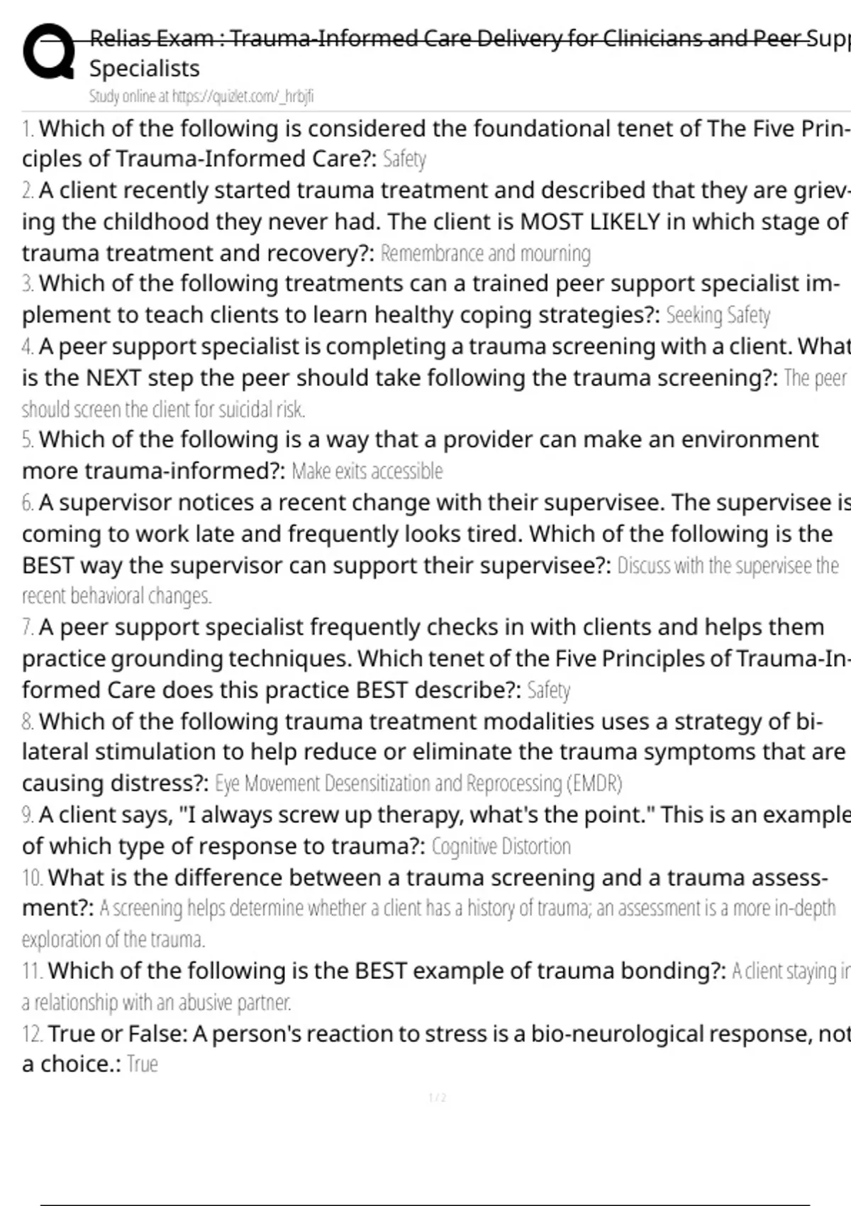 Relias Exam : Trauma-Informed Care Delivery for Clinicians and Peer ...