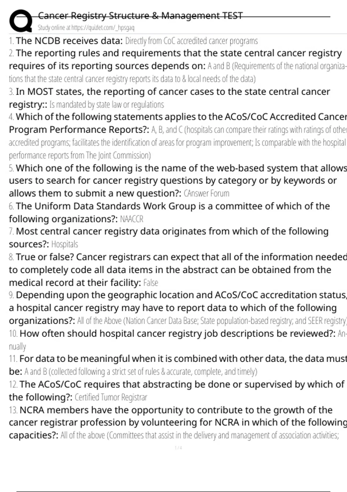 Cancer Registry Structure & Management TEST Exam Questions and Answers ...