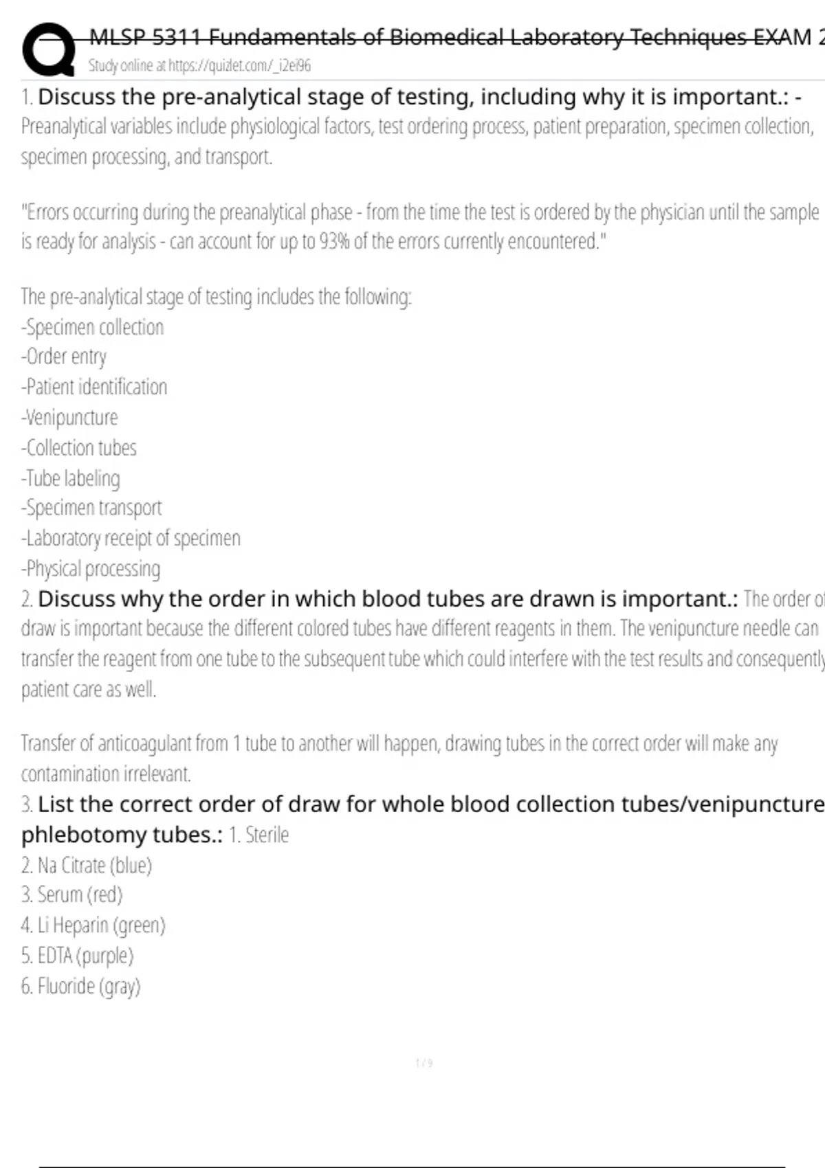 MLSP 5311 Fundamentals of Biomedical Laboratory Techniques EXAM 2 Exam ...