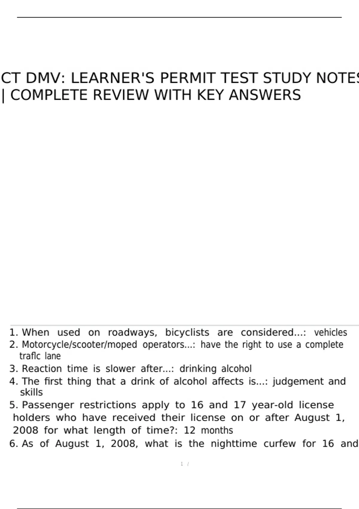 CT DMV LEARNER-S PERMIT TEST STUDY NOTES COMPLETE REVIEW WITH KEY ...