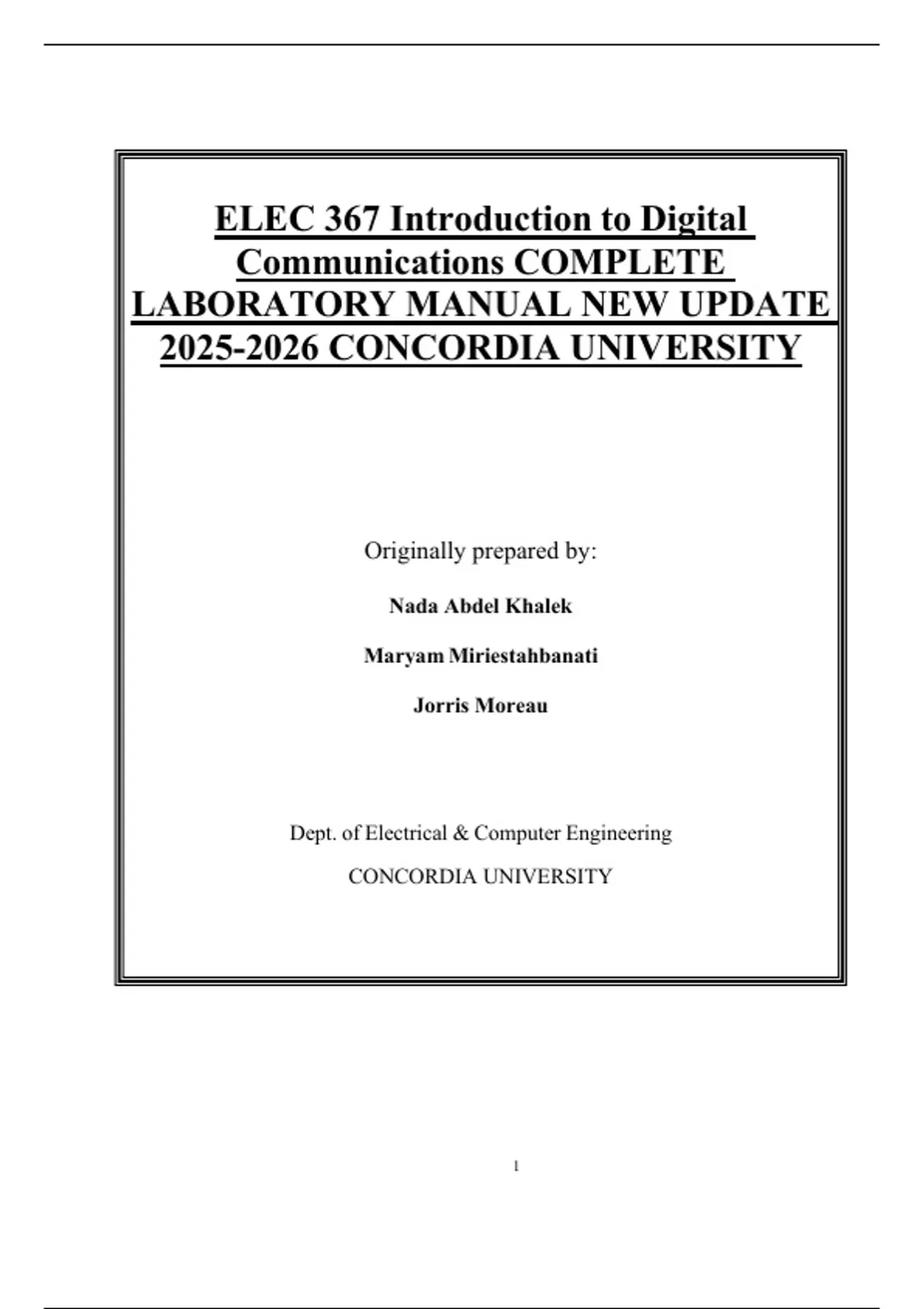 ELEC 367 Introduction to Digital Communications COMPLETE LABORATORY MANUAL NEW UPDATE CONCORDIA ...