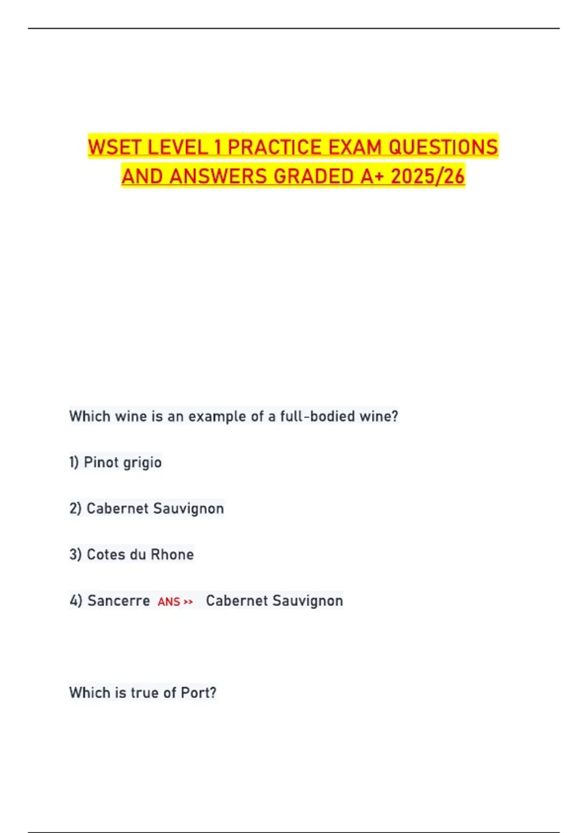 WSET Level 1 – Practice Exam Questions and Answers | Graded A+ | 2025/ ...