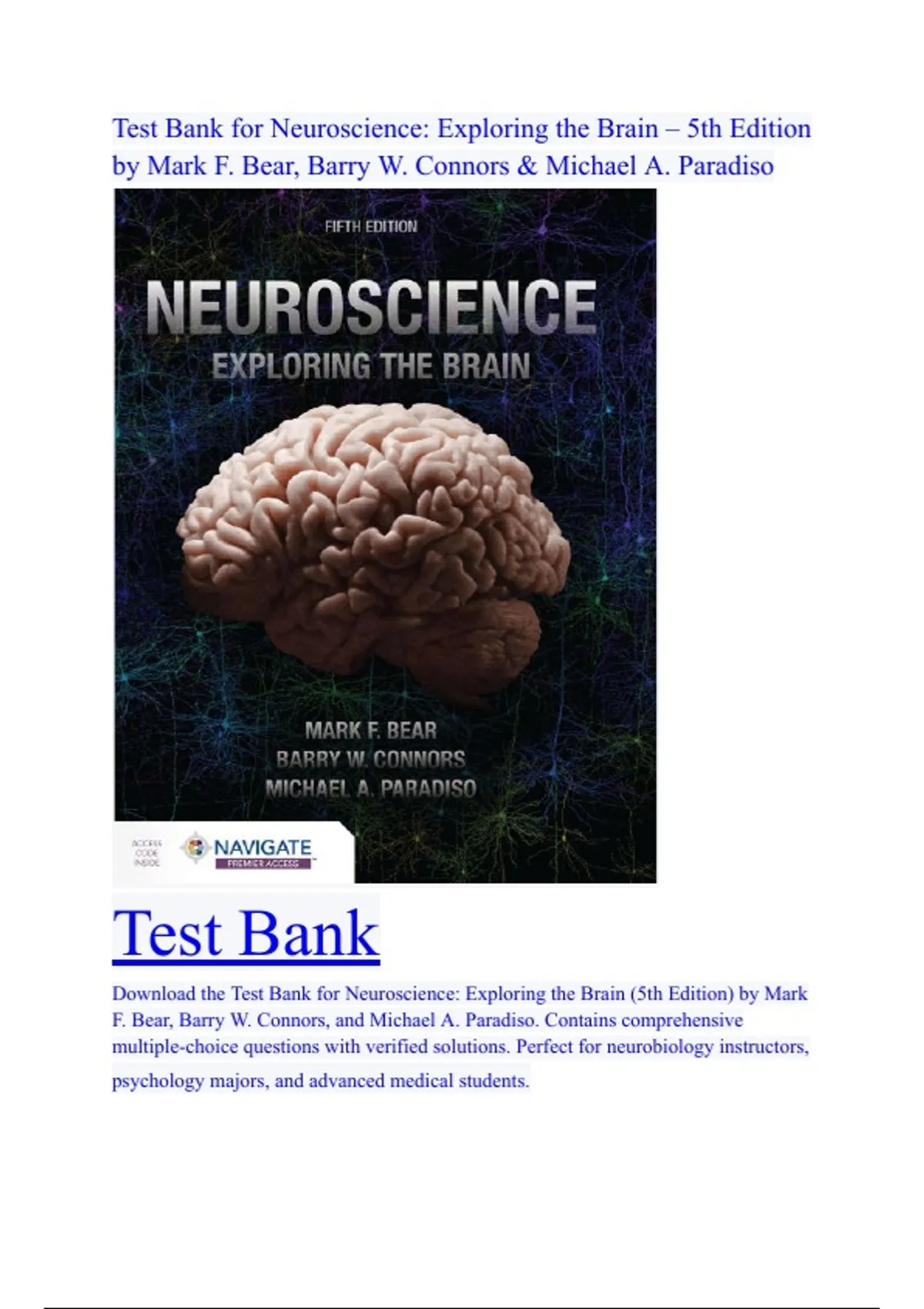 Test Bank for Neuroscience: Exploring the Brain, 5th Edition by Mark F ...