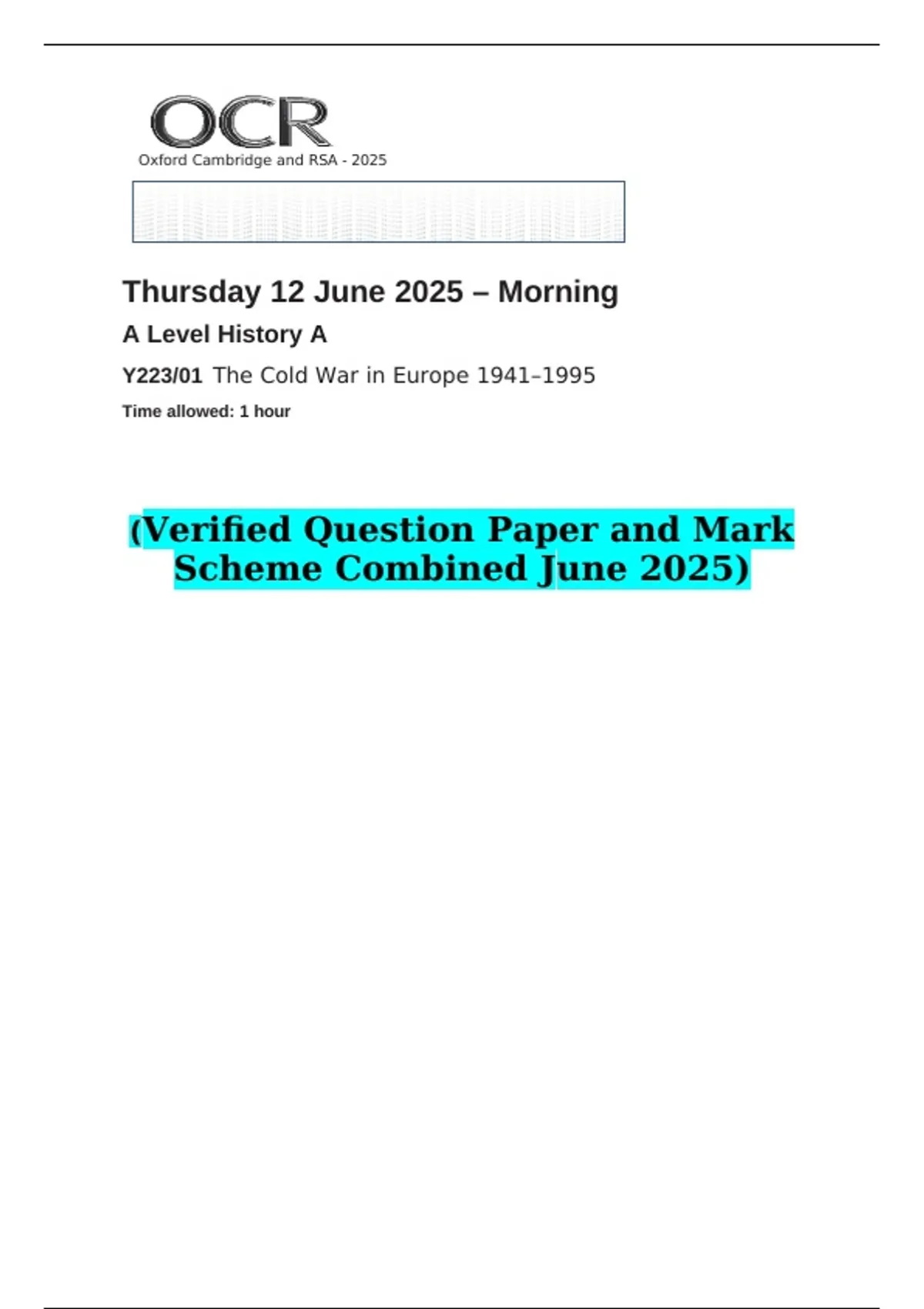 2025 OCR A Level History A Y223/01 The Cold War in Europe 1941–1995 ...