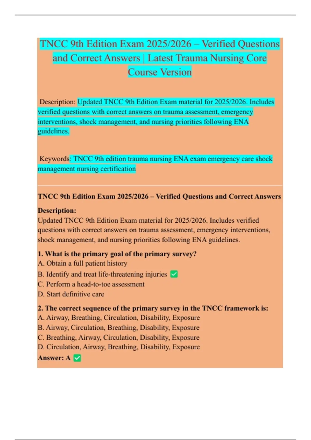 TNCC 9th Edition Exam 2025/2026 – Verified Questions and Correct ...