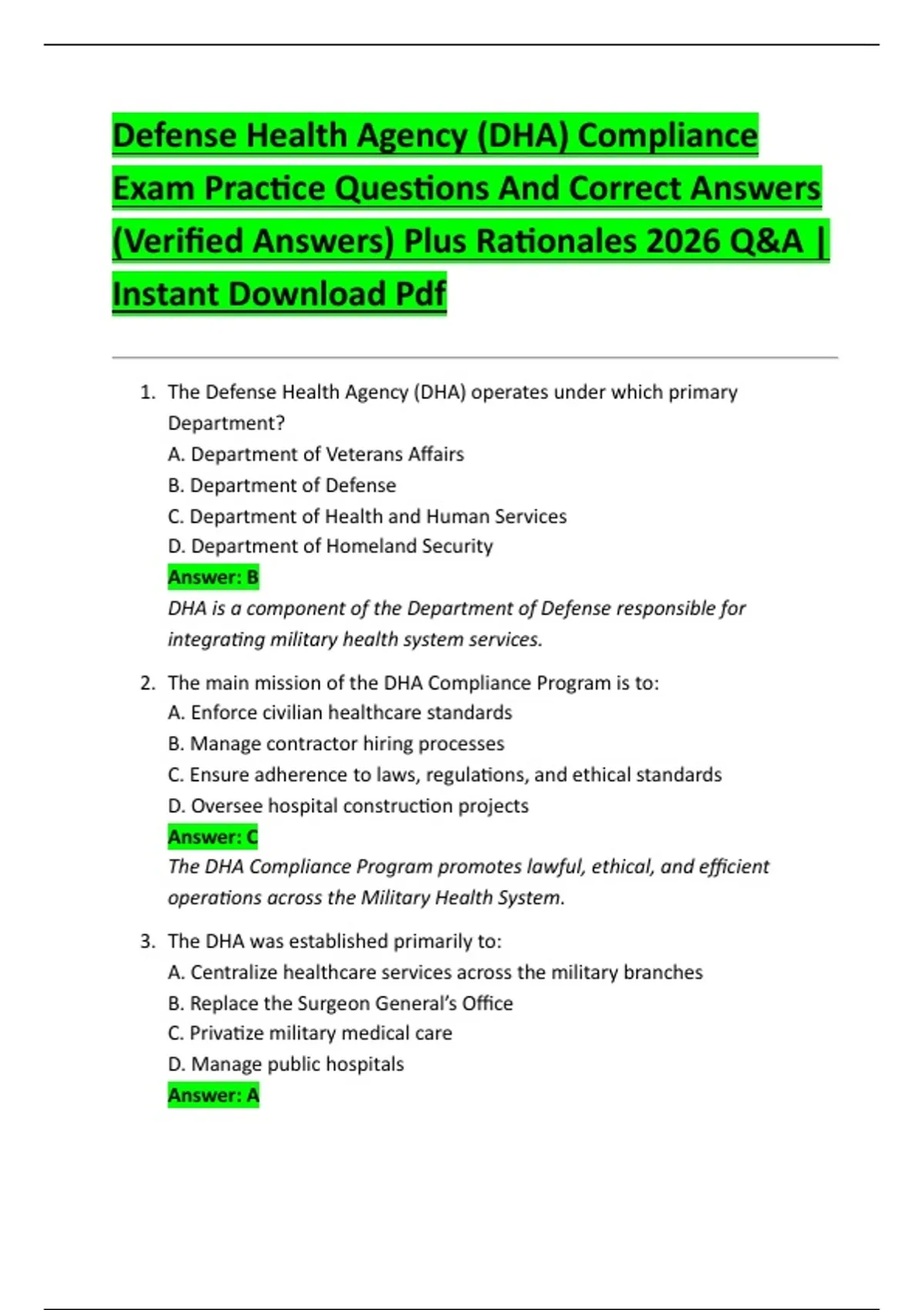 Defense Health Agency (DHA) Compliance Exam Practice Questions And ...