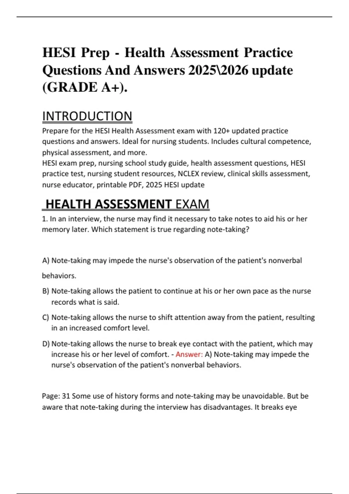 HESI Prep - Health Assessment Practice Questions And Answers update ...