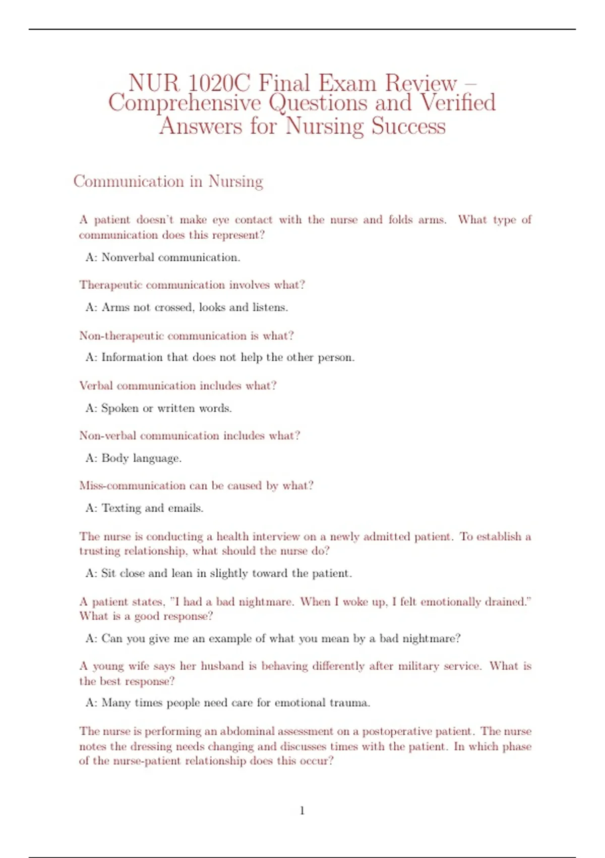 NUR 1020C Final Exam Review – Comprehensive Questions and Verified ...