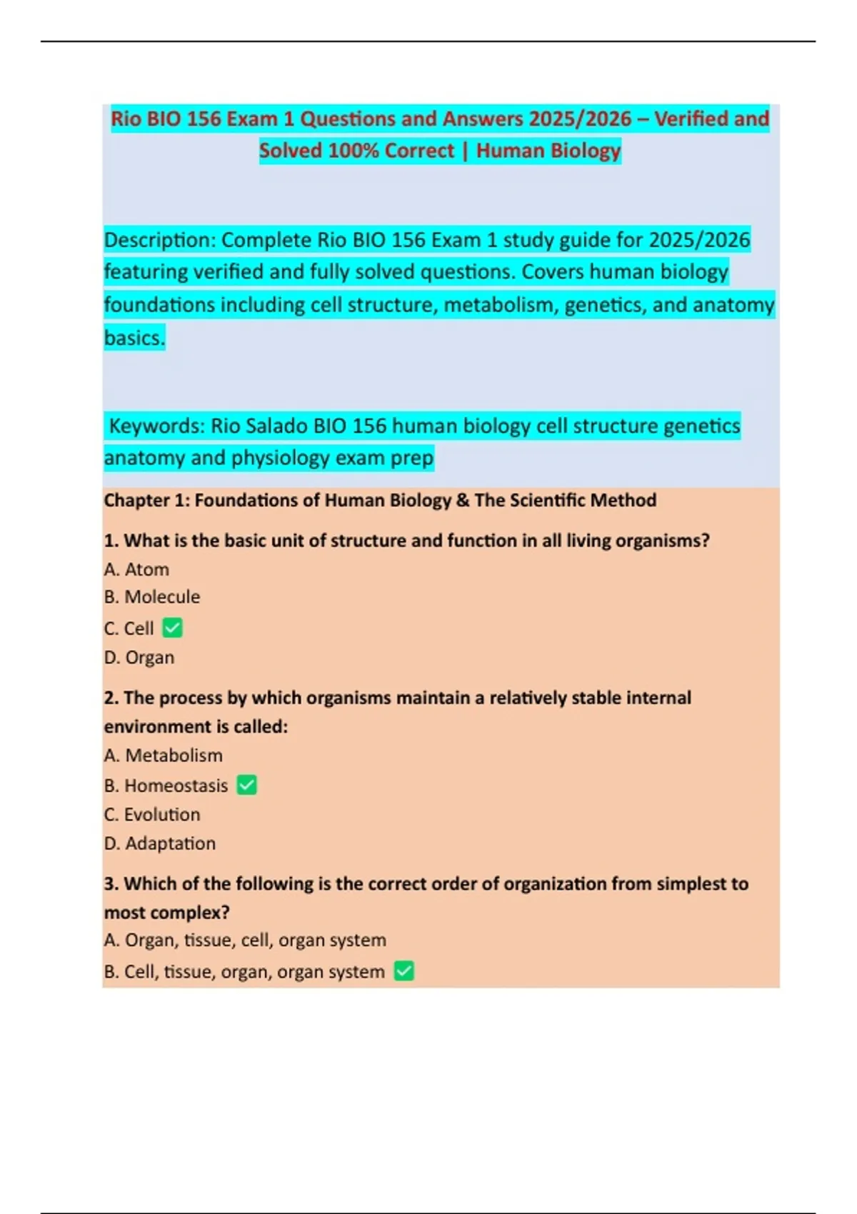 Rio BIO 156 Exam 1 Questions and Answers 2025/2026 – Verified and Solved 100% Correct | Human ...