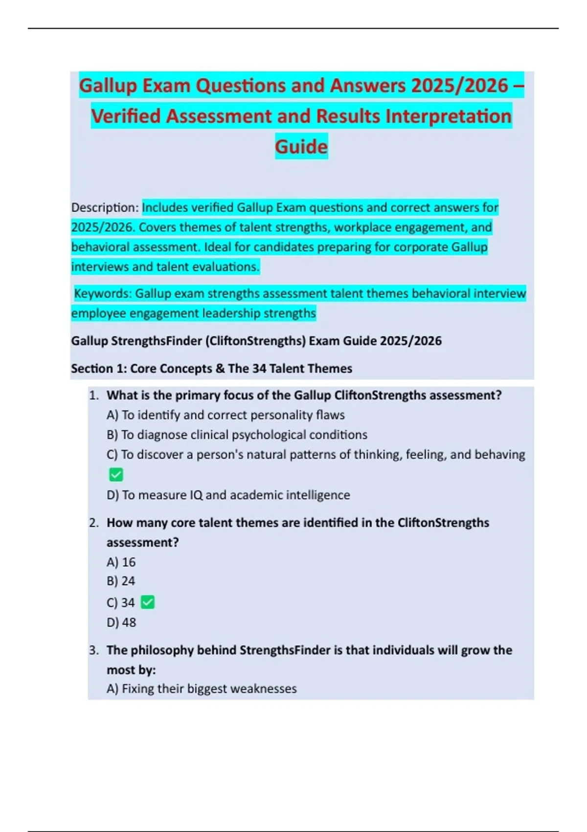 Gallup Exam Questions and Answers 2025/2026 – Verified Assessment and ...