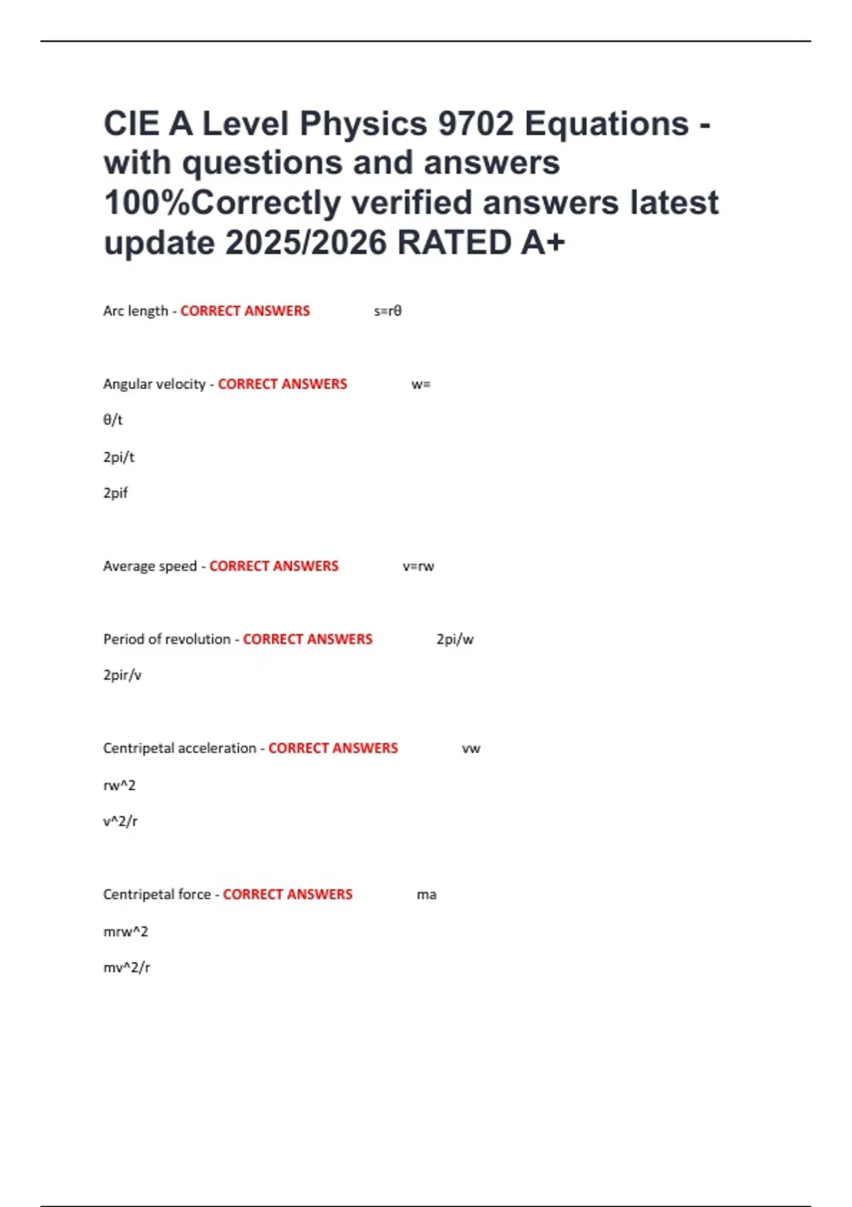 CIE A Level Physics 9702 Equations - with questions and answers 100%Correctly verified answers ...