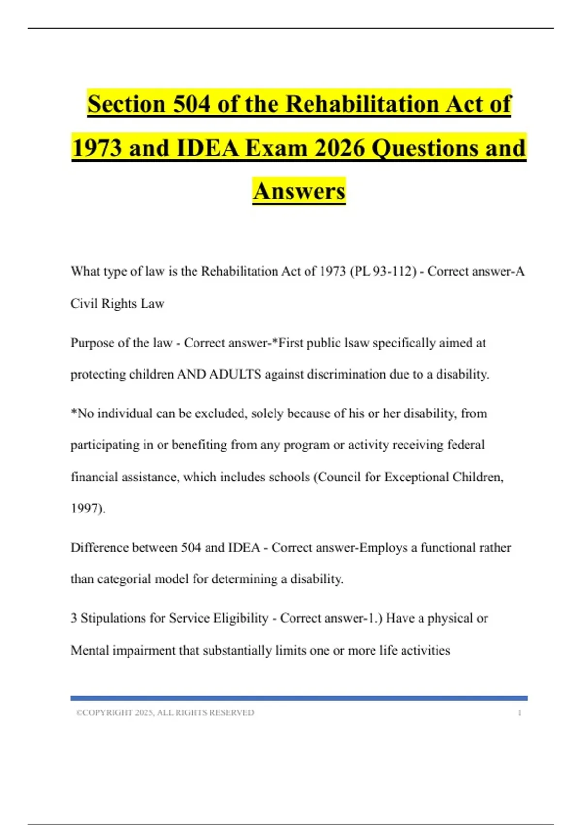 Section 504 of the Rehabilitation Act of 1973 and IDEA Exam 2026 ...
