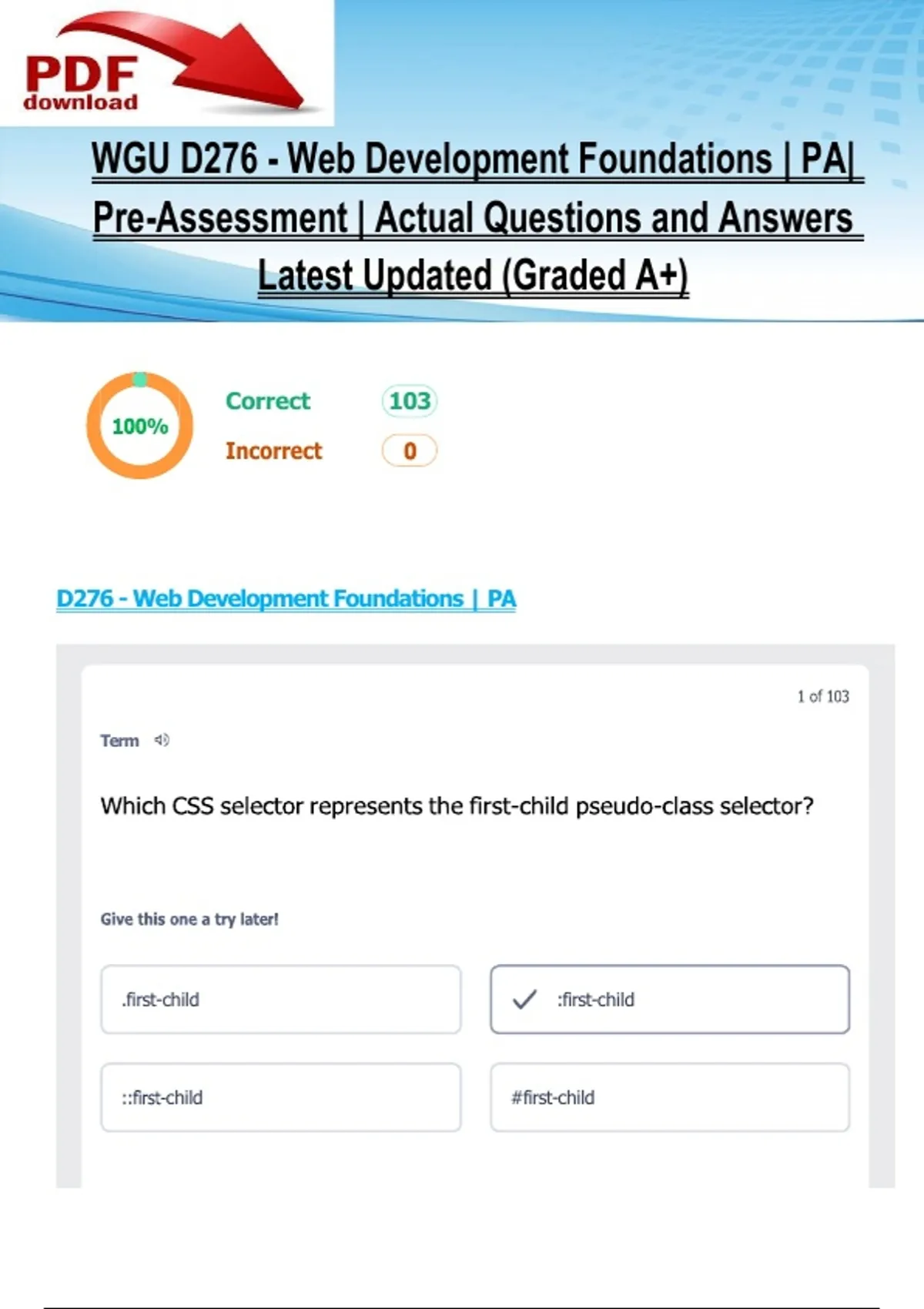 WGU D276 - Web Development Foundations | PA| Pre-Assessment | 103 Actual Questions and Answers ...