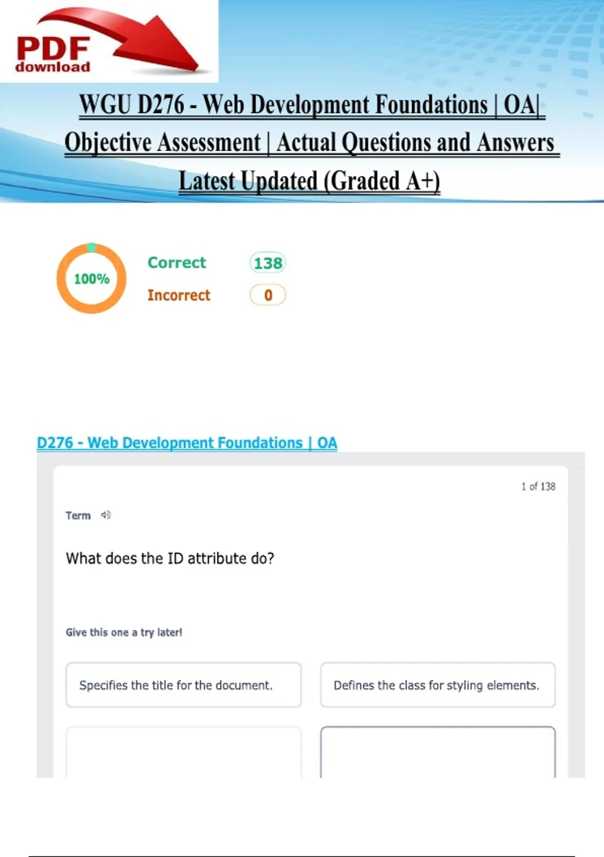 WGU D276 - Web Development Foundations | OA| Objective Assessment | 138 Actual Questions and ...