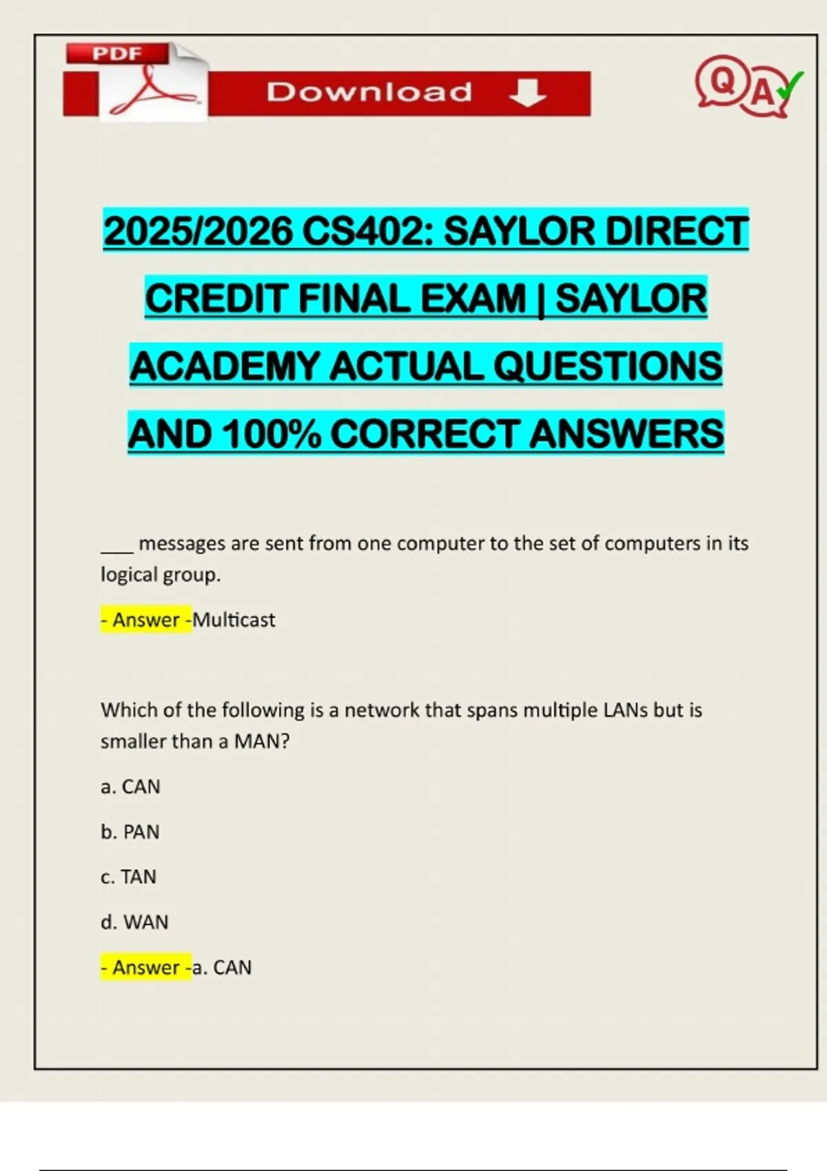 2025/2026 CS402: SAYLOR DIRECT CREDIT FINAL EXAM | SAYLOR ACADEMY ACTUAL QUESTIONS AND 100% ...
