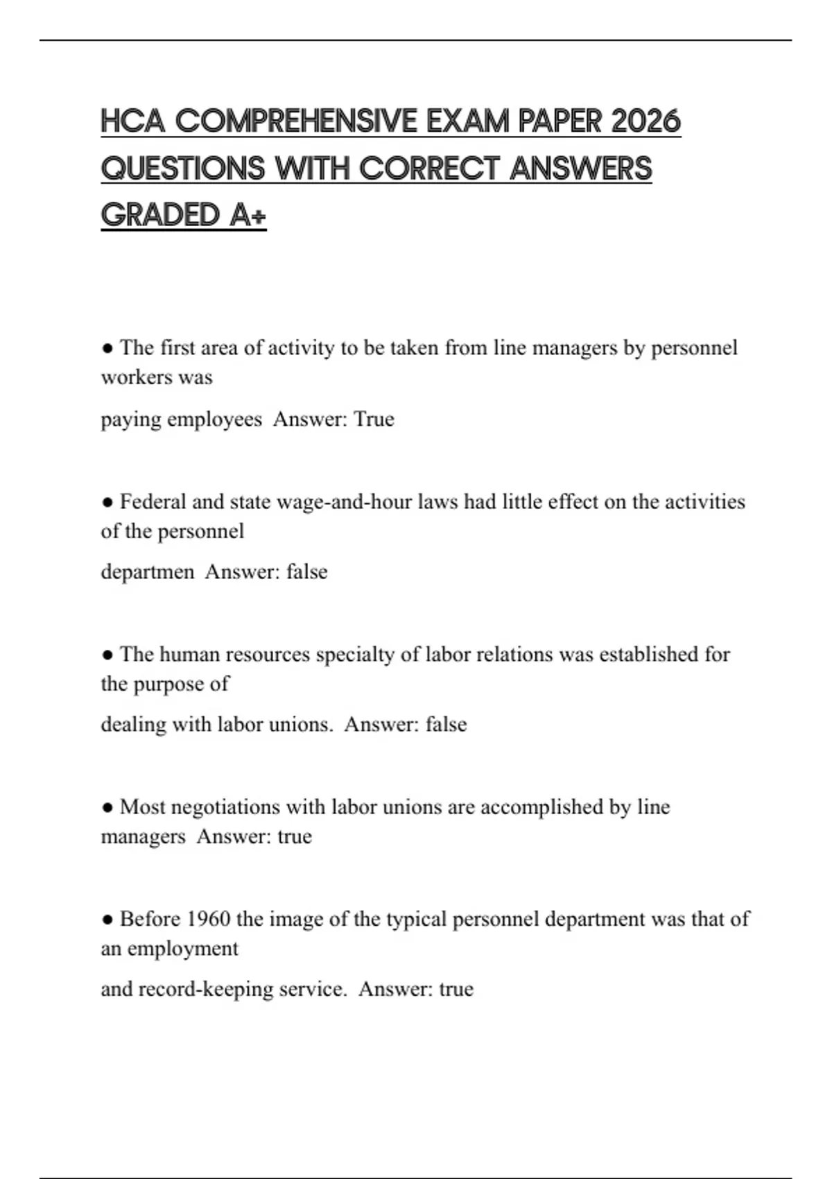 HCA COMPREHENSIVE EXAM PAPER 2026 QUESTIONS WITH CORRECT ANSWERS GRADED ...