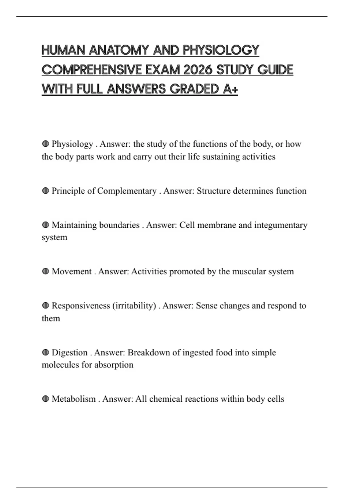 HUMAN ANATOMY AND PHYSIOLOGY COMPREHENSIVE EXAM 2026 STUDY GUIDE WITH ...